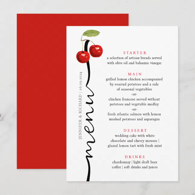 Stylish Cherries Red White Rustic Fruits Wedding Menu | Zazzle