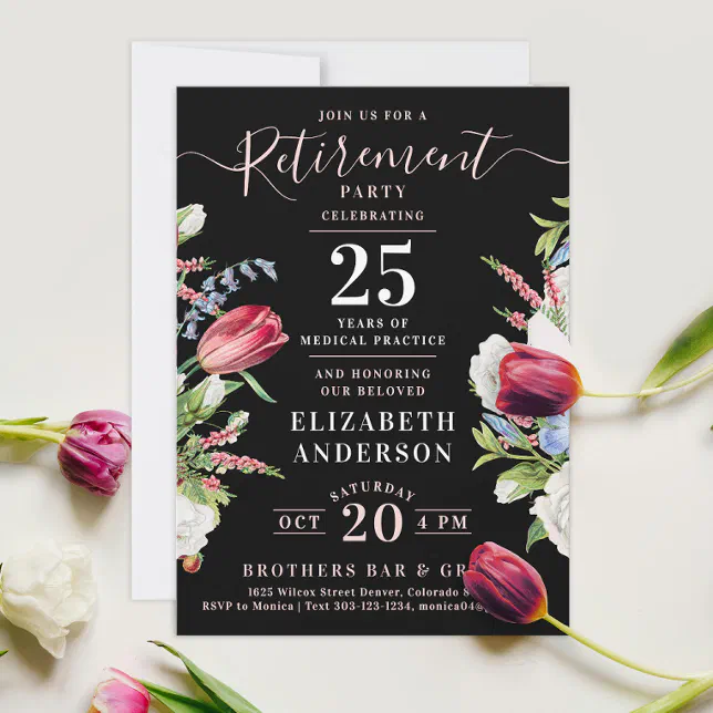 Stylish Chic Black Lavender Wild Flower Retirement Invitation | Zazzle