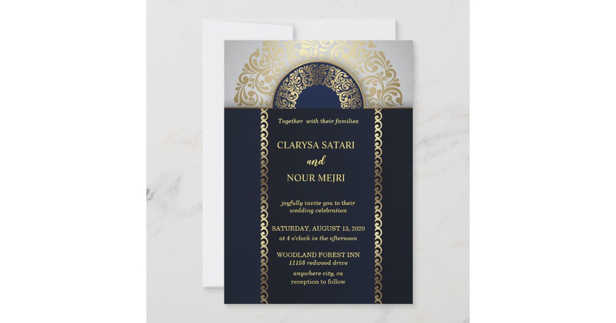 Stylish chic blue gold geometric pattern wedding invitation | Zazzle