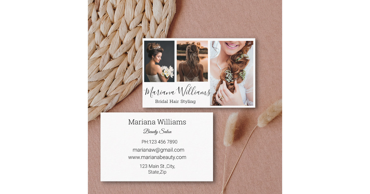 stylish chic bridal hair styling 3 photos collage business card | Zazzle