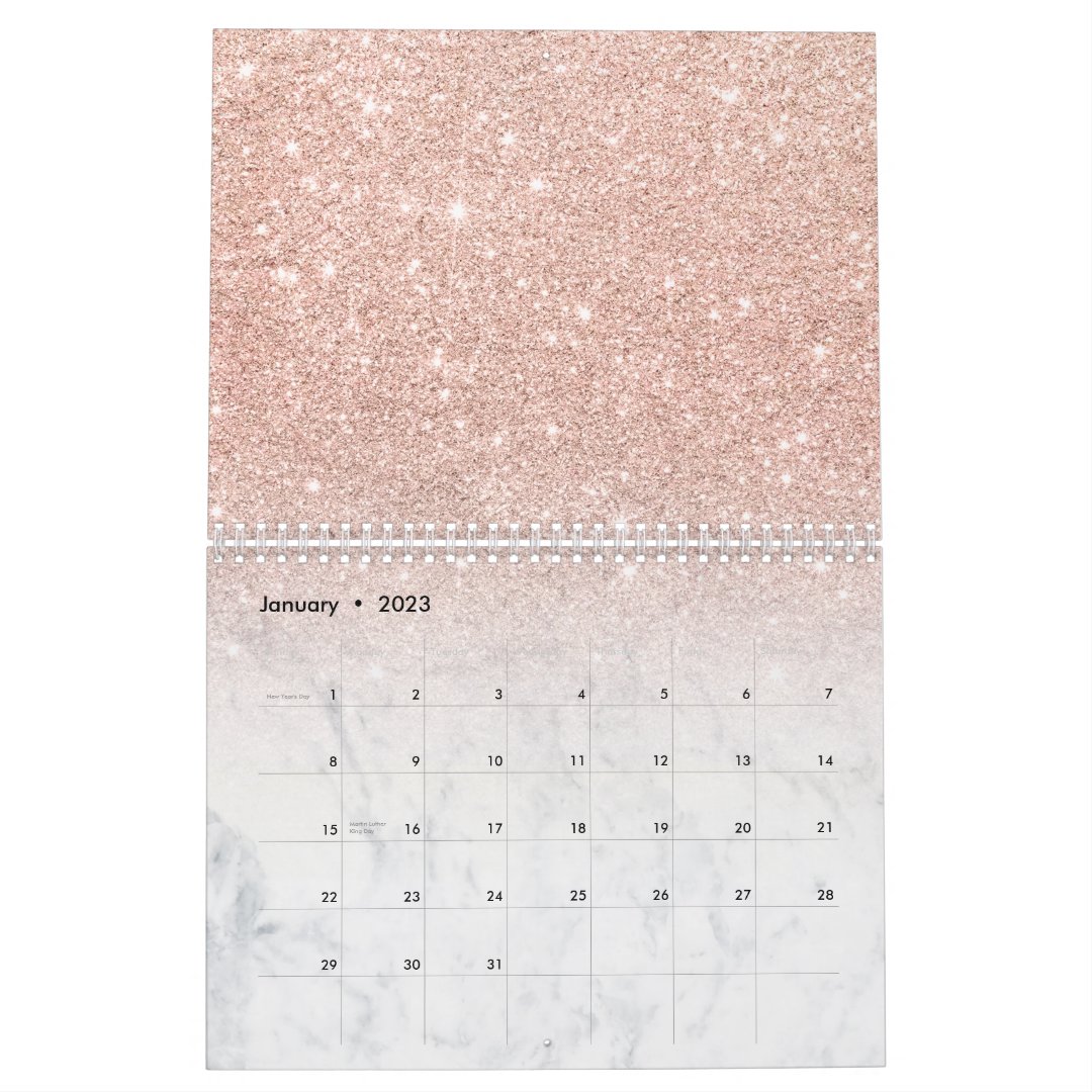 Stylish chic rose gold glitter ombre white marble calendar | Zazzle