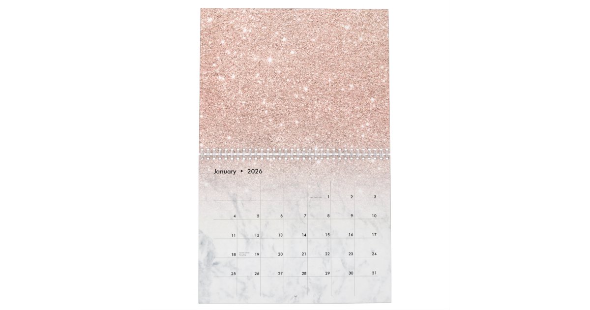 Stylish chic rose gold glitter ombre white marble calendar | Zazzle