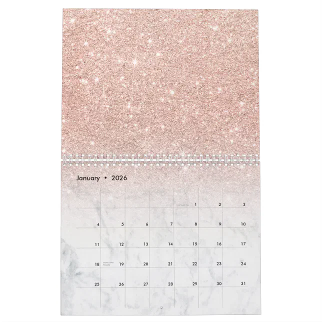 Stylish chic rose gold glitter ombre white marble calendar | Zazzle