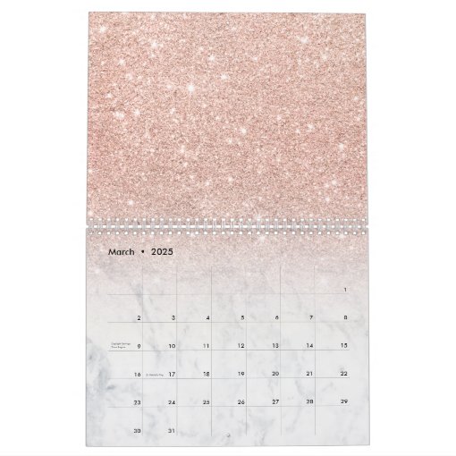 Stylish chic rose gold glitter ombre white marble calendar | Zazzle