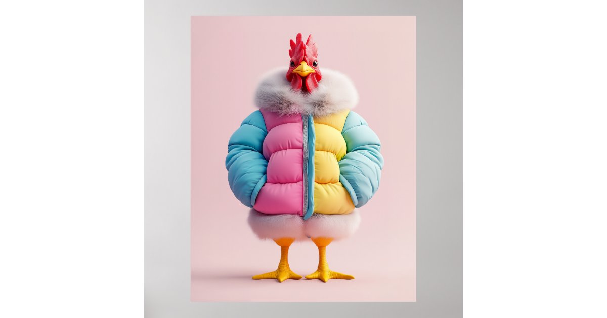 Stylish Chicken in Colorful Winter Puffer Jacket Poster | Zazzle
