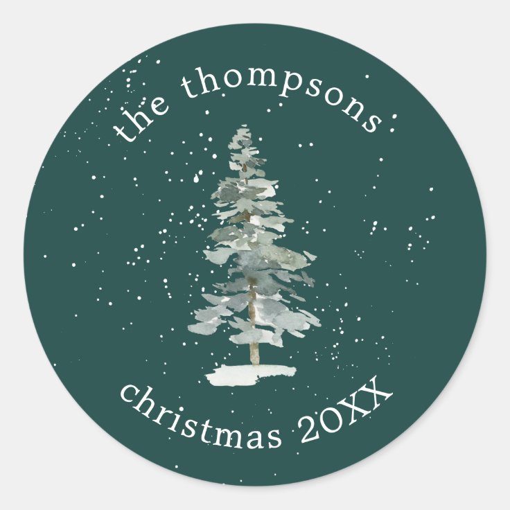 Stylish Christmas Tree Snowfall Green Classic Round Sticker | Zazzle