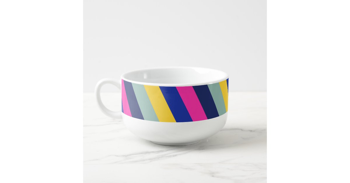 Stylish Colorful Pink Yellow Blue Stripes Pattern Soup Mug | Zazzle