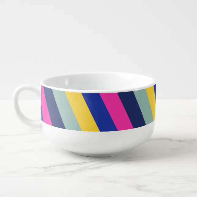 Stylish Colorful Pink Yellow Blue Stripes Pattern Soup Mug | Zazzle