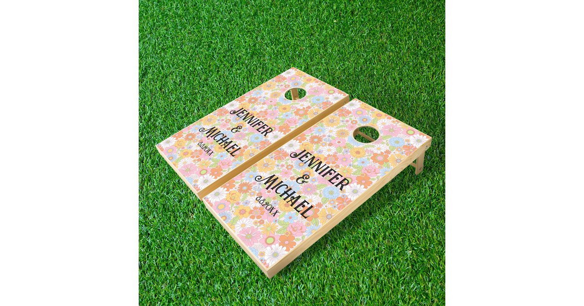 stylish colorful retro floral wedding Cornhole Set | Zazzle