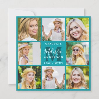 Stylish Custom 8 Photo Collage Teal Graduation Ann Announcement | Zazzle
