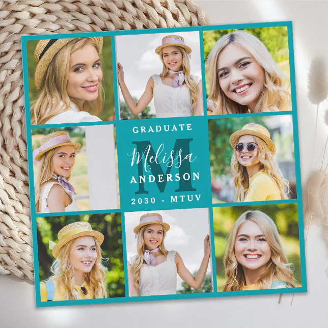 Stylish Custom 8 Photo Collage Teal Graduation Ann Announcement | Zazzle