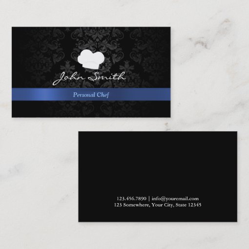 Stylish Damask Blue Ribbon Chef Business Card | Zazzle