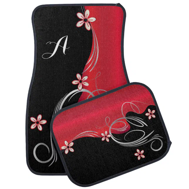 Stylish Deep Red Floral Design | Monogram Car Floor Mat | Zazzle