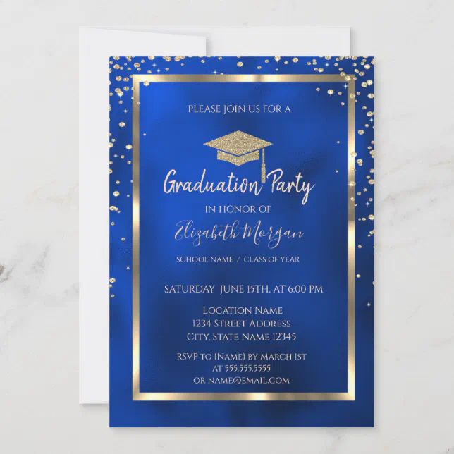 Stylish Diamonds Gold Grad Cap Blue Metallic Invitation | Zazzle