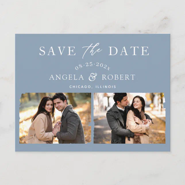 Stylish Dusty Blue 2 Photo Save the Date Postcard | Zazzle