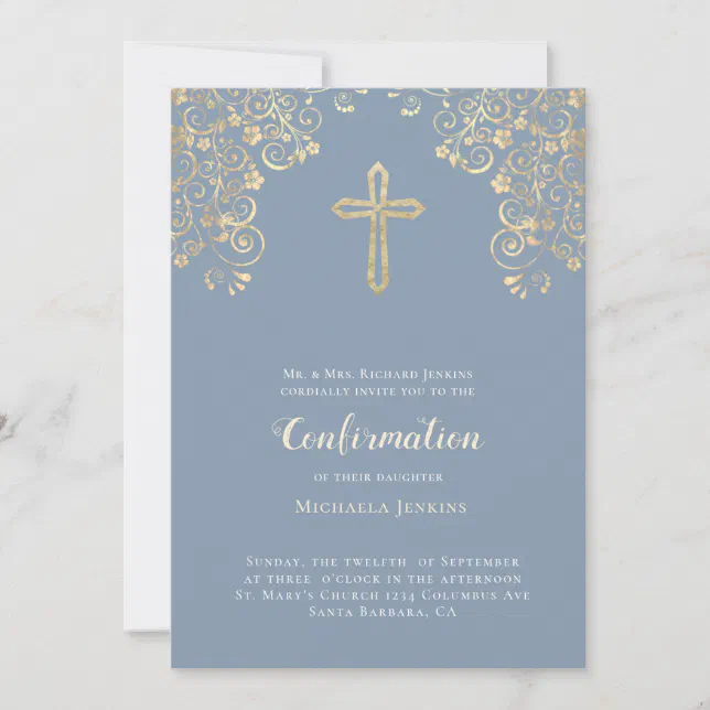 Stylish Dusty Blue Gold Bible Verse Confirmation Invitation | Zazzle