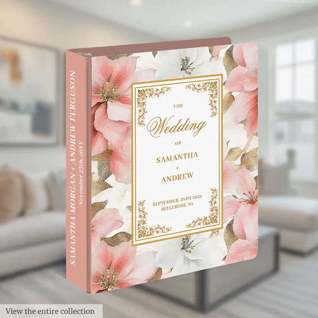 Stylish Dusty Pink Gold Wedding Memory Album 3 Ring Binder | Zazzle