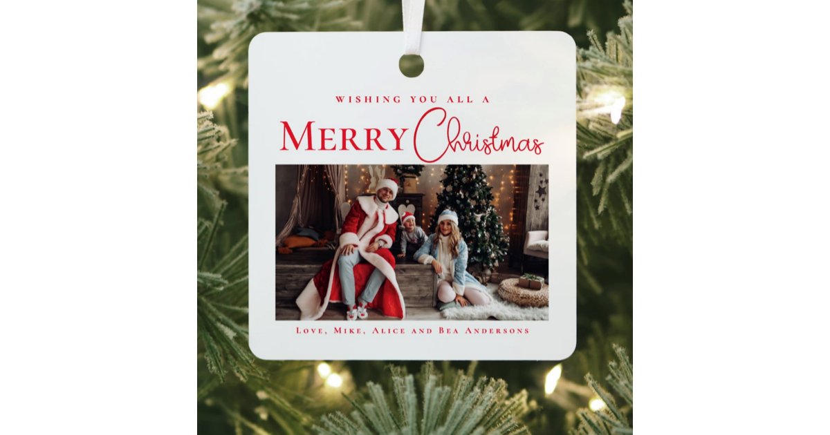 Stylish Elegant Reed Merry Christmas family photo Metal Ornament | Zazzle