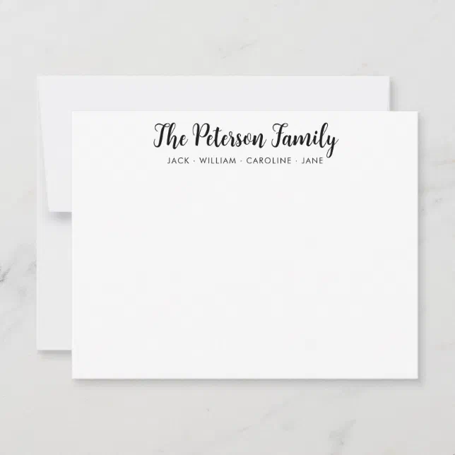 Stylish Family Name Handwritten Black Script Font Note Card | Zazzle