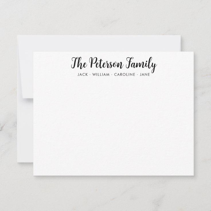Stylish Family Name Handwritten Black Script Font Note Card | Zazzle