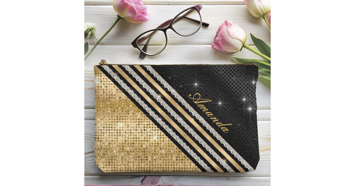 Stylish faux Crystal Gold And black Personalized Accessory Pouch | Zazzle