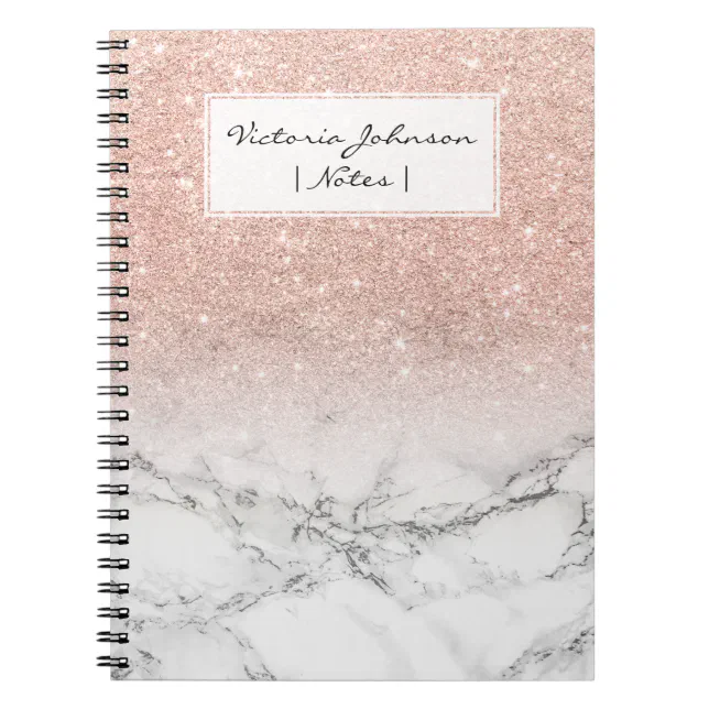 Stylish faux rose pink glitter ombre white marble notebook | Zazzle