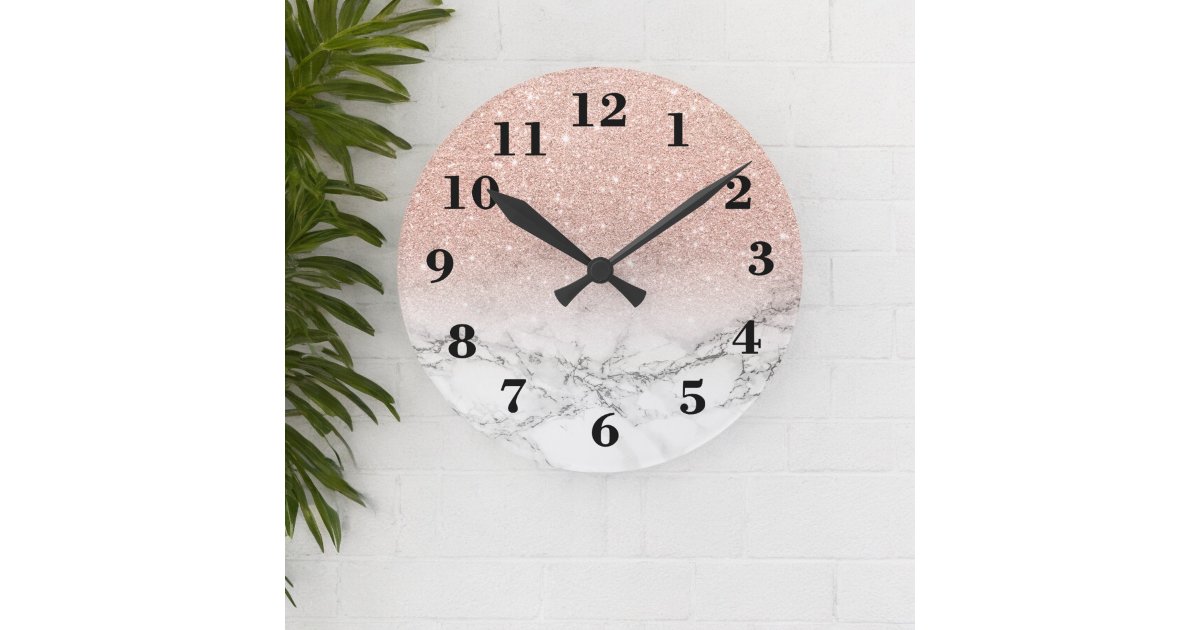 Stylish faux rose pink glitter ombre white marble round clock | Zazzle