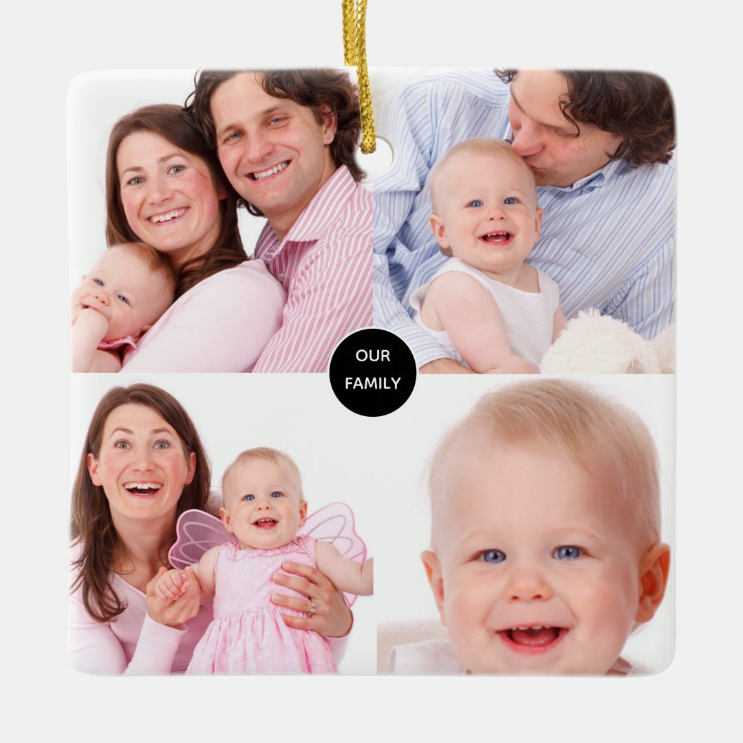 Stylish Five Family Photo Collage Names Ceramic Ornament | Zazzle