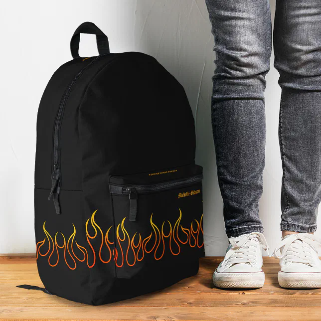 Stylish Flame Fire Black Orange Red Printed Backpack | Zazzle