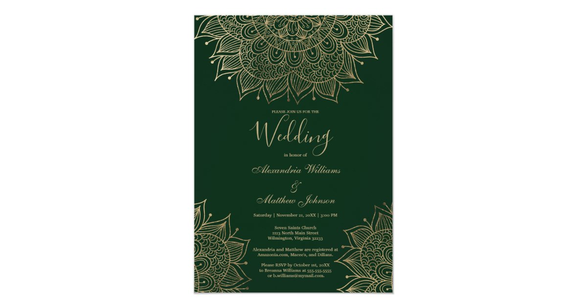 Stylish forest green gold floral mandala Wedding Invitation | Zazzle.com