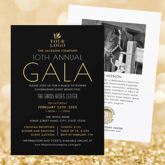 Stylish Gala Custom Event Logo Photo Black Gold Invitation | Zazzle