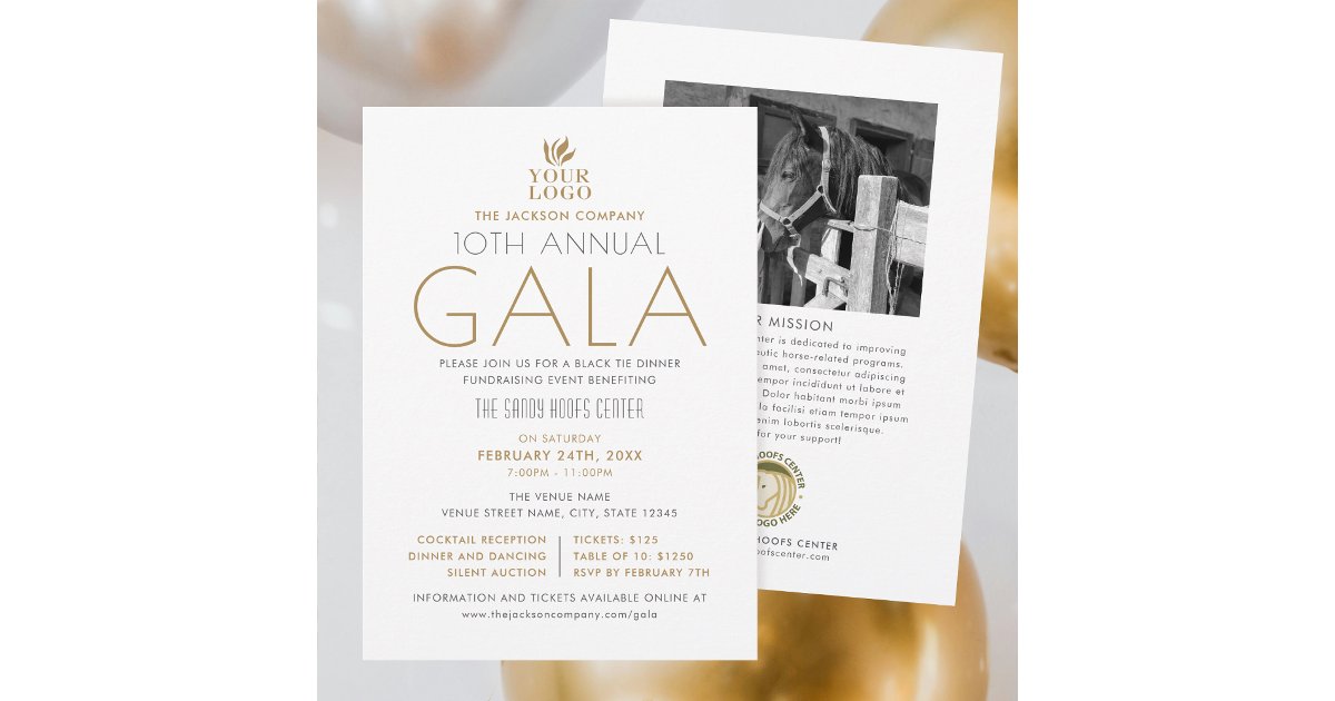 Stylish Gala Custom Event Logo Photo White Gold Invitation | Zazzle
