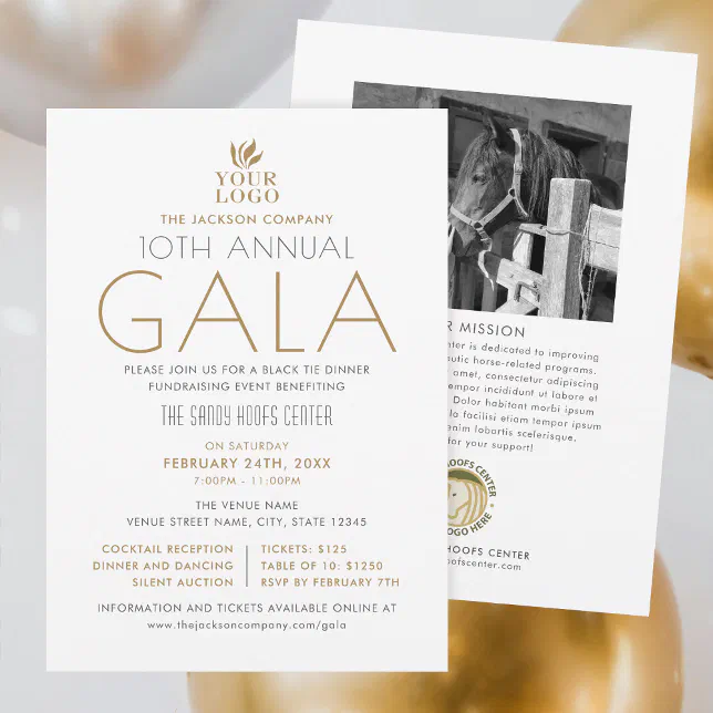 Stylish Gala Custom Event Logo Photo White Gold Invitation | Zazzle