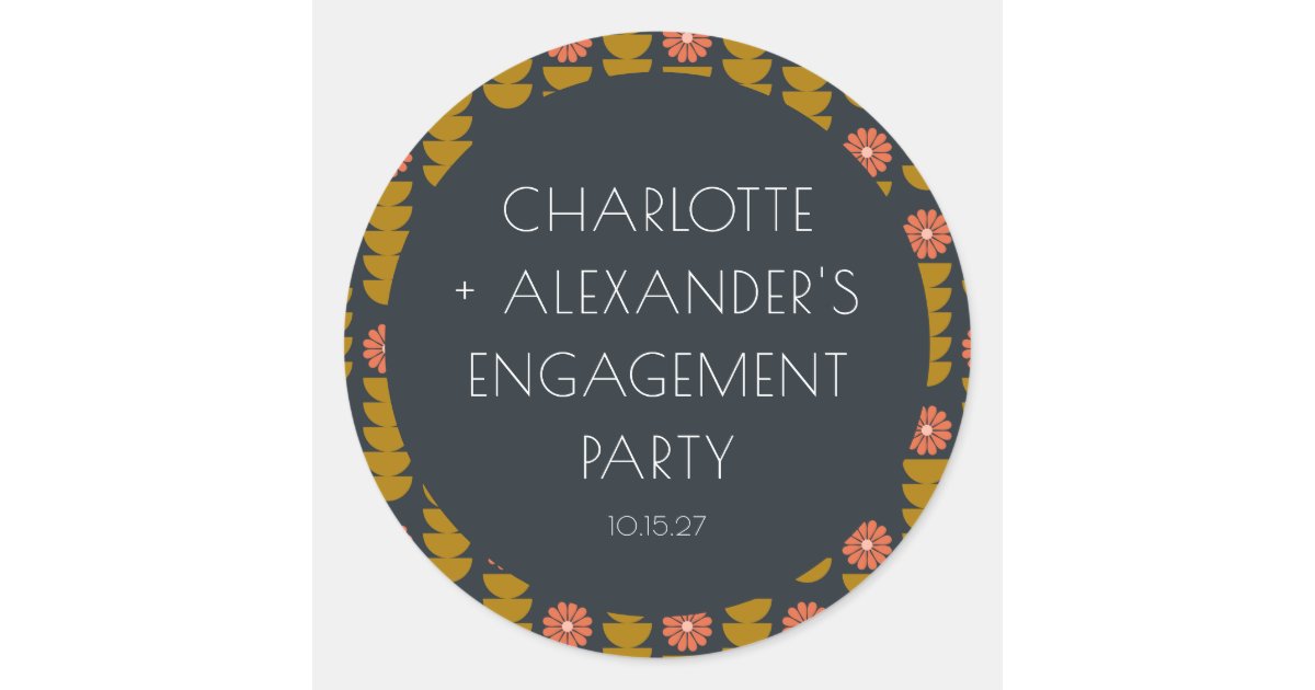 Stylish Geometric Floral Custom Engagement Party Classic Round Sticker ...