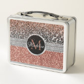 Stylish Girly Rose Gold Glitter Leopard Monogram Metal Lunch Box | Zazzle