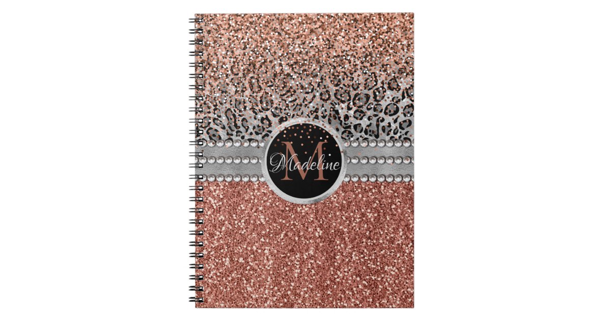 Stylish Girly Rose Gold Glitter Leopard Monogram Notebook | Zazzle