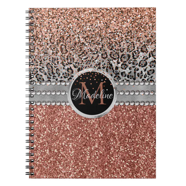 Stylish Girly Rose Gold Glitter Leopard Monogram Notebook | Zazzle
