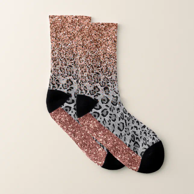 Stylish Girly Rose Gold Glitter Leopard Socks | Zazzle