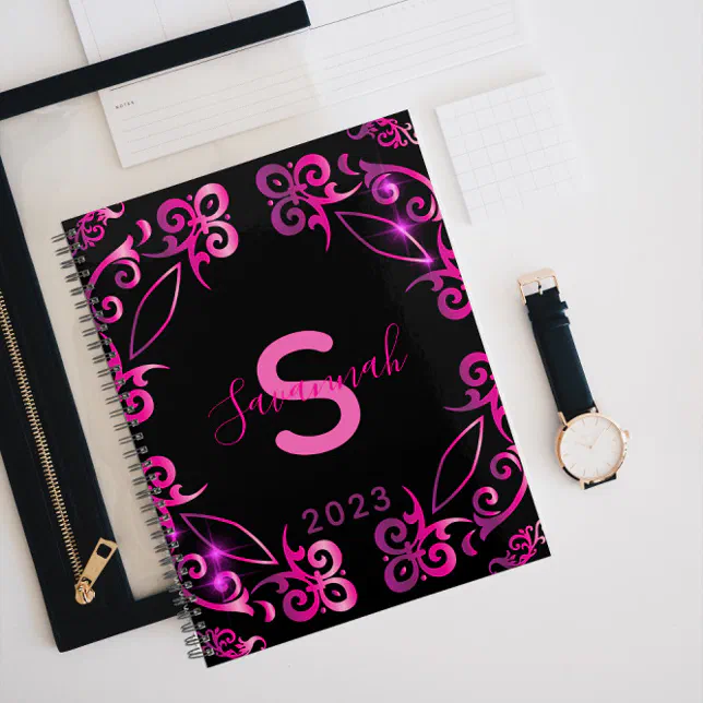 Stylish Glam Elegant Baroque Black And Pink 2023 Planner | Zazzle
