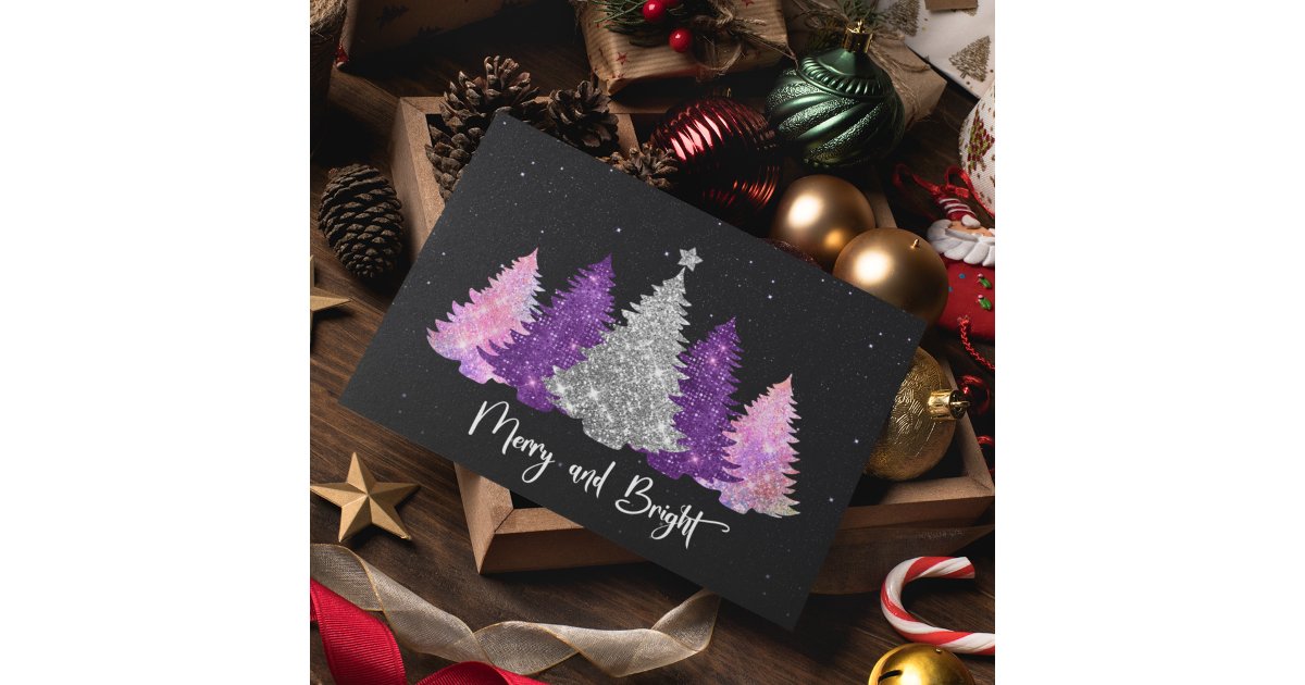 Stylish glitter Christmas trees monogram holiday Postcard | Zazzle