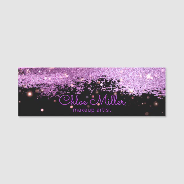 Stylish Glittery Magenta And Black Makeup Artist Name Tag | Zazzle