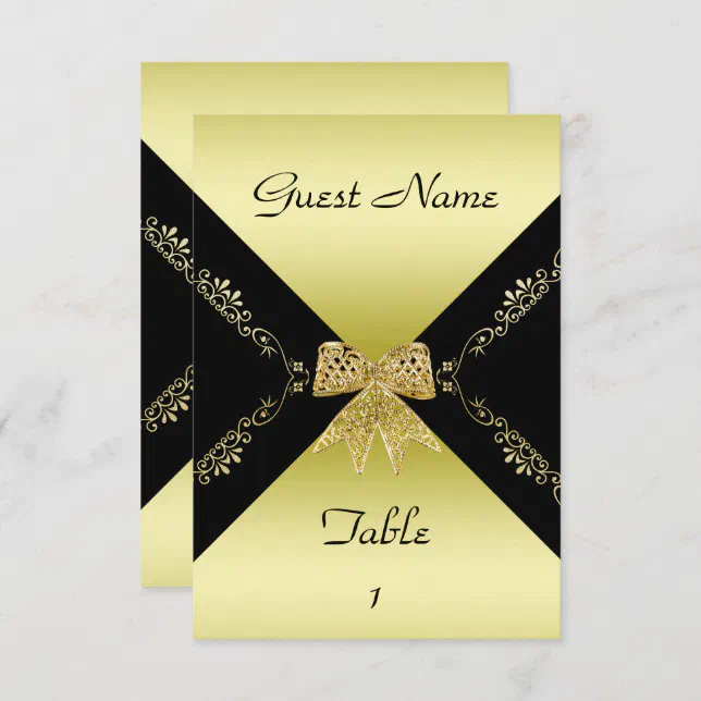 Stylish Gold & Black Decorative Bow Table Card | Zazzle
