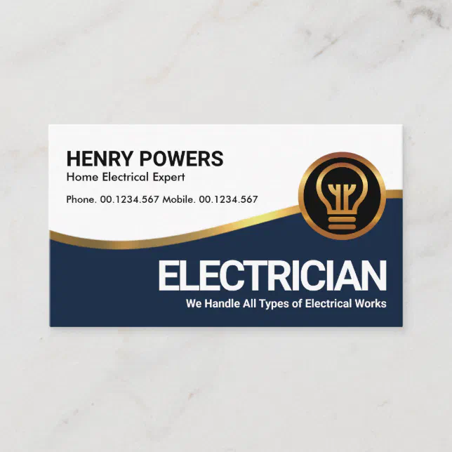 Stylish Gold Blue Wave Gold Bulb Electrician Business Card | Zazzle