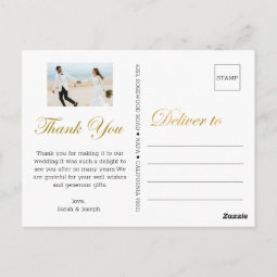 Stylish Gold Calligraphy Custom 2 Photo Thank You Postcard | Zazzle