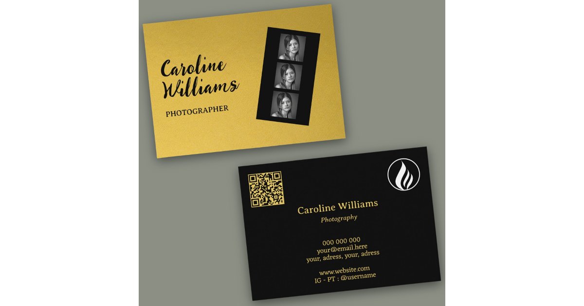 Stylish gold film strip Photography Logo QR code Business Card | Zazzle