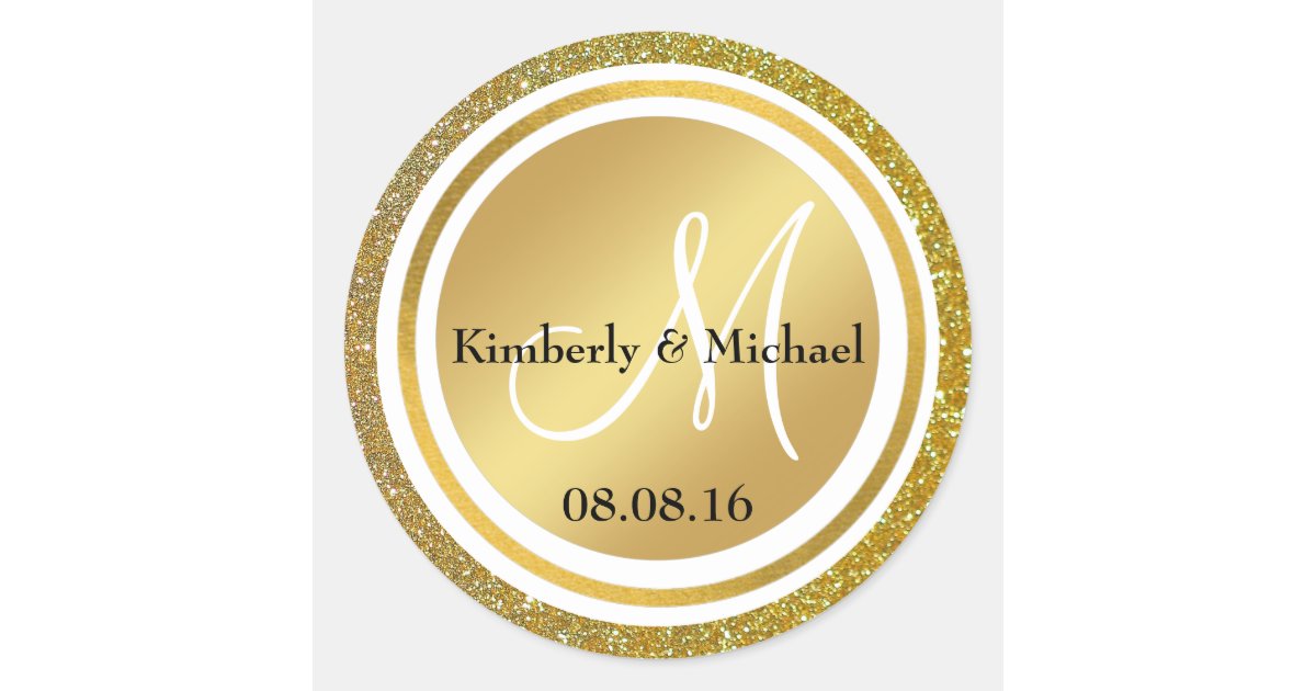 Stylish Gold Glitter & Bronze Wedding Monogram Classic Round Sticker ...