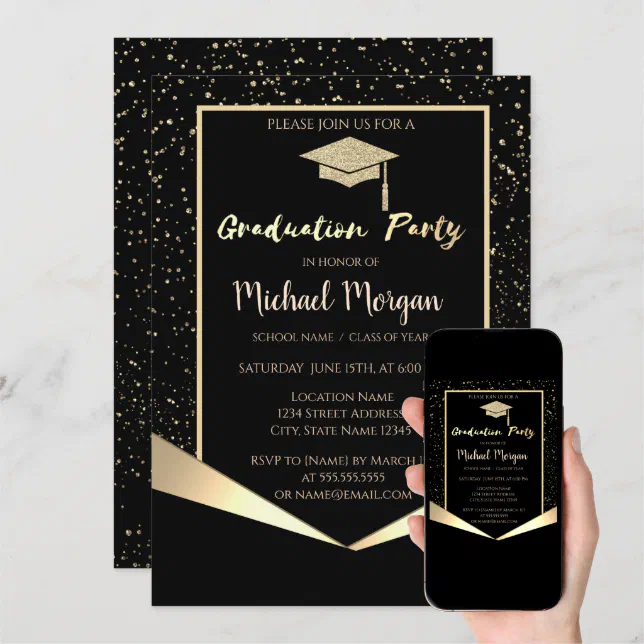 Stylish Gold Glitter Graduation Cap,Confetti Invitation | Zazzle