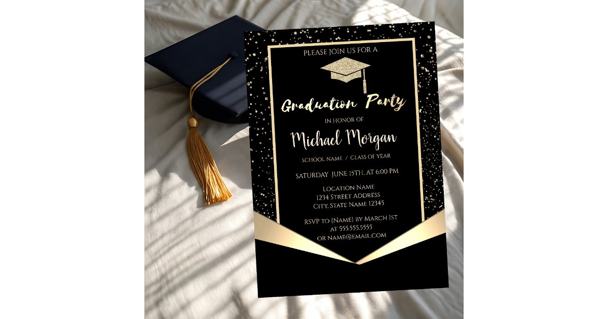 Stylish Gold Glitter Graduation Cap,Confetti Invitation | Zazzle