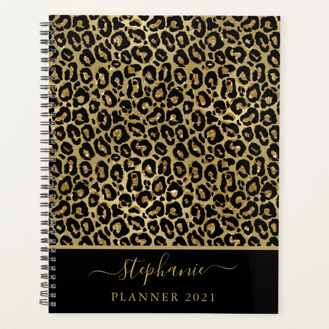 Stylish Gold Glitter Leopard Animal Print Monogram Planner | Zazzle