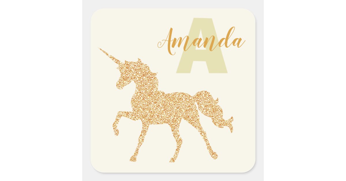 Stylish gold glitter unicorn custom name monogram square sticker | Zazzle